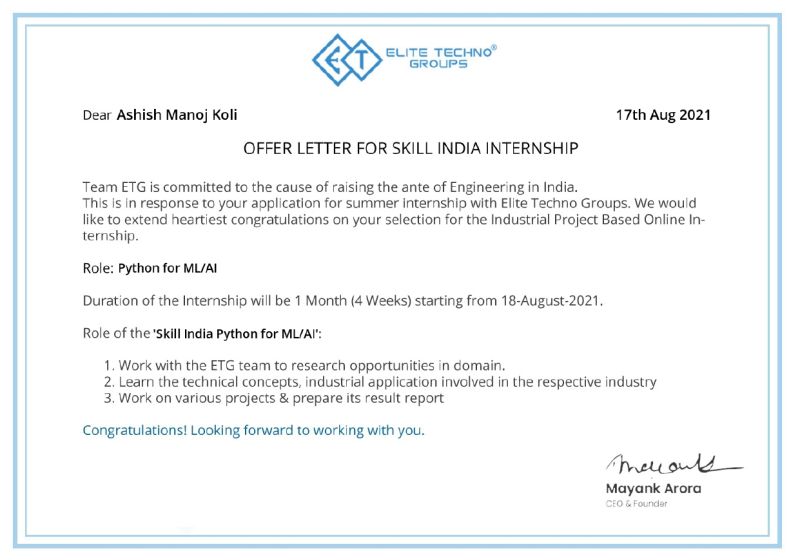 Ashish Koli on LinkedIn: #etg #internship #python #ml #ai Ashish Koli on LinkedIn: #etg #internship #python #ml #ai