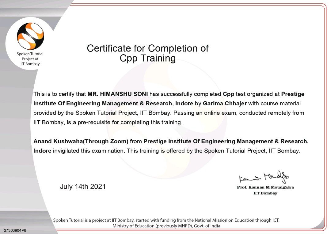 Himanshu Soni on LinkedIn: #iitbombay #cpp #training Himanshu Soni on LinkedIn: #iitbombay #cpp #training