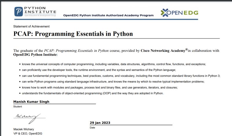 I have successfully complete the course Python | Manish Kumar Singh I have successfully complete the course Python | Manish Kumar Singh