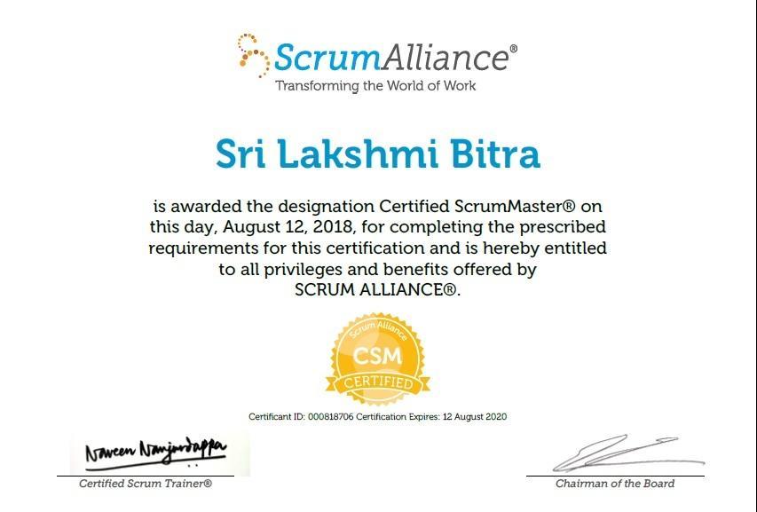 Sri Lakshmi Bitra on LinkedIn: CSM Certified | 15 comments Sri Lakshmi Bitra on LinkedIn: CSM Certified | 15 comments