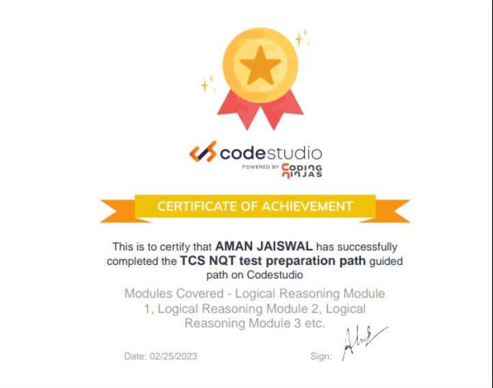 Aman Jaiswal on LinkedIn: #tcsnqt #codestudio #guidedpath #codingninjas Aman Jaiswal on LinkedIn: #tcsnqt #codestudio #guidedpath #codingninjas