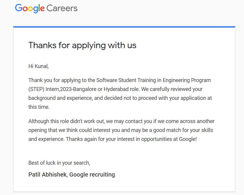 Kunal Wadhai on LinkedIn: #rejection #google #stepinternship #skills Kunal Wadhai on LinkedIn: #rejection #google #stepinternship #skills