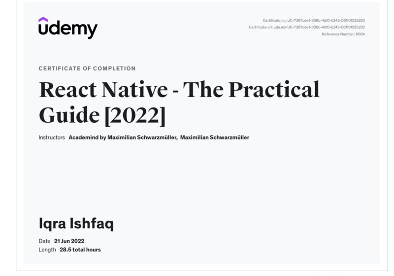 Iqra Ishfaq on LinkedIn: Successfully completed react native ... Iqra Ishfaq on LinkedIn: Successfully completed react native ...