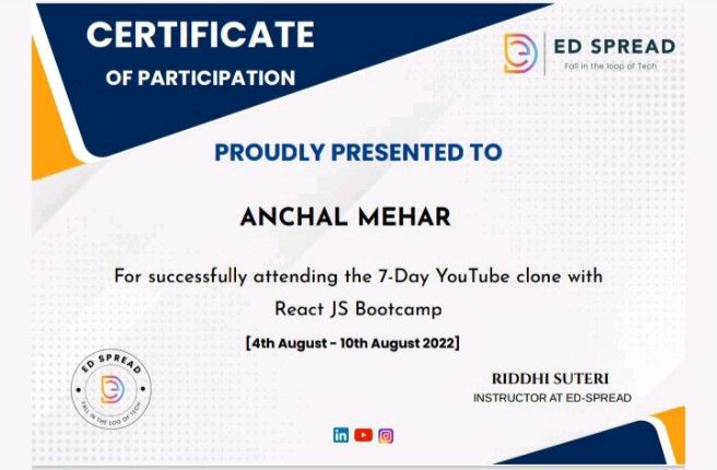 Anchal Mehar on LinkedIn: #connections #reactjs #certificate #youtube # ... Anchal Mehar on LinkedIn: #connections #reactjs #certificate #youtube # ...