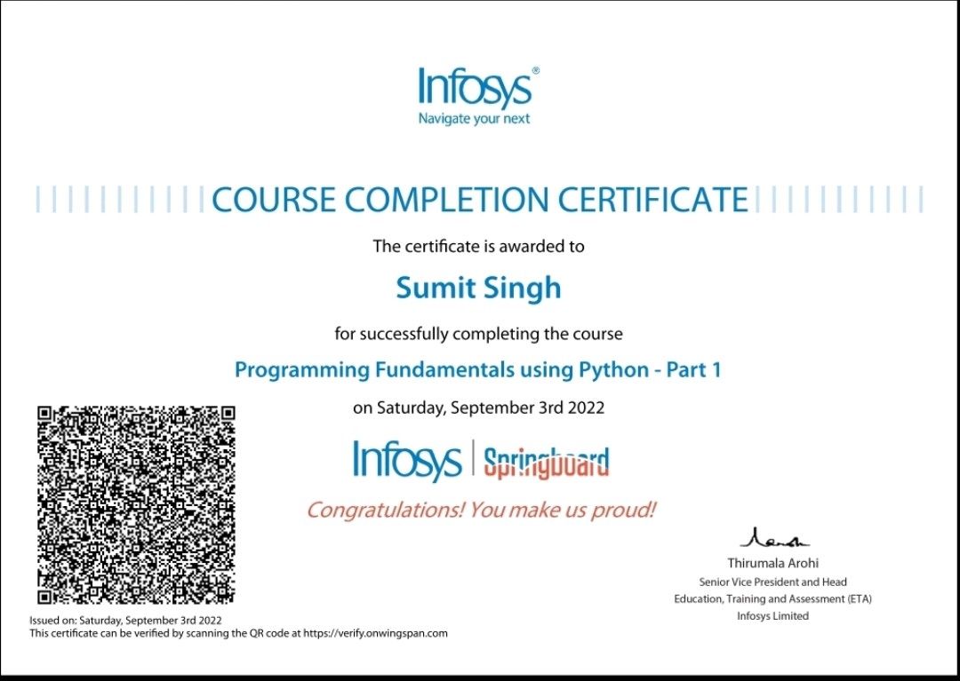 Sumit Singh on LinkedIn: #infosys #python Sumit Singh on LinkedIn: #infosys #python