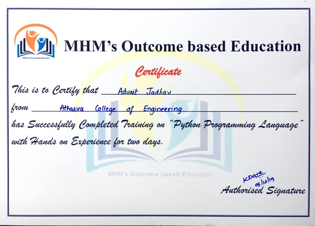 Advait Jadhav on LinkedIn: Completed training on Python Programming ... Advait Jadhav on LinkedIn: Completed training on Python Programming ...