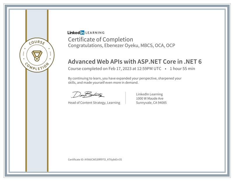 Ebenezer Oyeku, OCA, OCP, MBCS, CITP on LinkedIn: Certificate of Completion Ebenezer Oyeku, OCA, OCP, MBCS, CITP on LinkedIn: Certificate of Completion