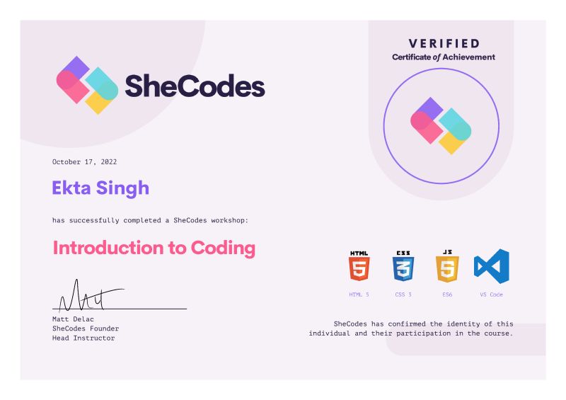 Ekta Singh على LinkedIn: #certificate #coding #javascript #shecodes # ... Ekta Singh على LinkedIn: #certificate #coding #javascript #shecodes # ...
