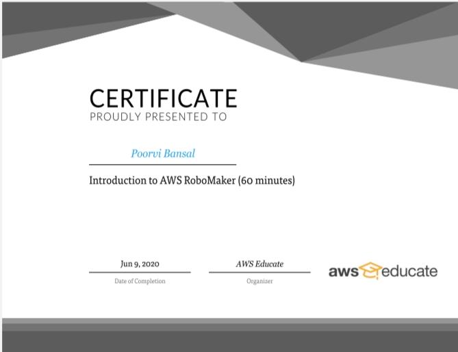 POORVI BANSAL on LinkedIn: #aws #awscertification #awsrobomaker POORVI BANSAL on LinkedIn: #aws #awscertification #awsrobomaker