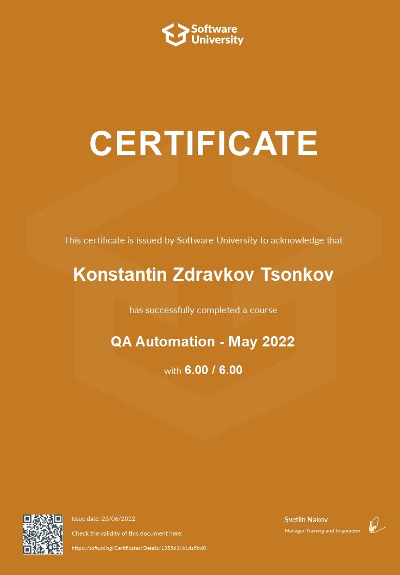 Konstantin Tsonkov on LinkedIn: #qaautomation #softuni #qa Konstantin Tsonkov on LinkedIn: #qaautomation #softuni #qa