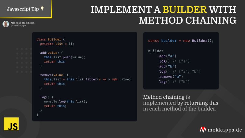 Michael Hoffmann on LinkedIn: π‘ JavaScript Tip: Implement a builder ... Michael Hoffmann on LinkedIn: π‘ JavaScript Tip: Implement a builder ...