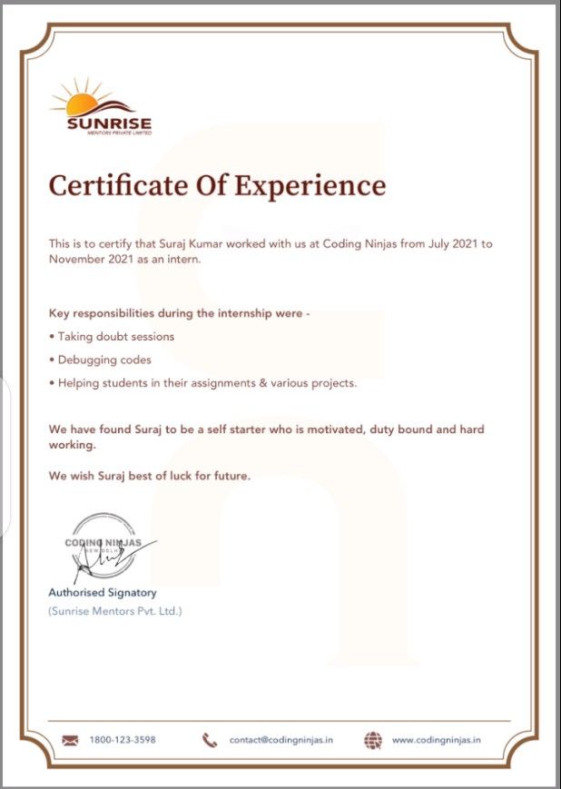 Suraj kumar on LinkedIn: #internships #codingninjas Suraj kumar on LinkedIn: #internships #codingninjas