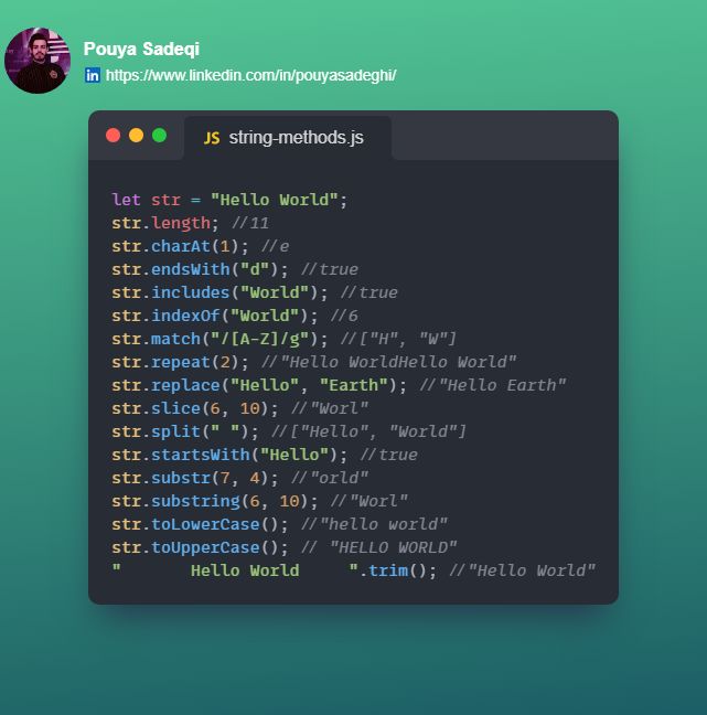 Pouya Sadeghi on LinkedIn: #js #jsdeveloper #string #methods | 11 comments Pouya Sadeghi on LinkedIn: #js #jsdeveloper #string #methods | 11 comments