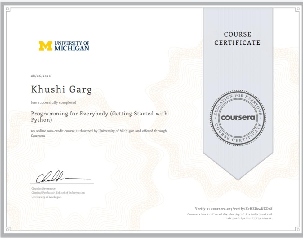 Khushi Garg on LinkedIn: # Completed course of python programming by ... Khushi Garg on LinkedIn: # Completed course of python programming by ...