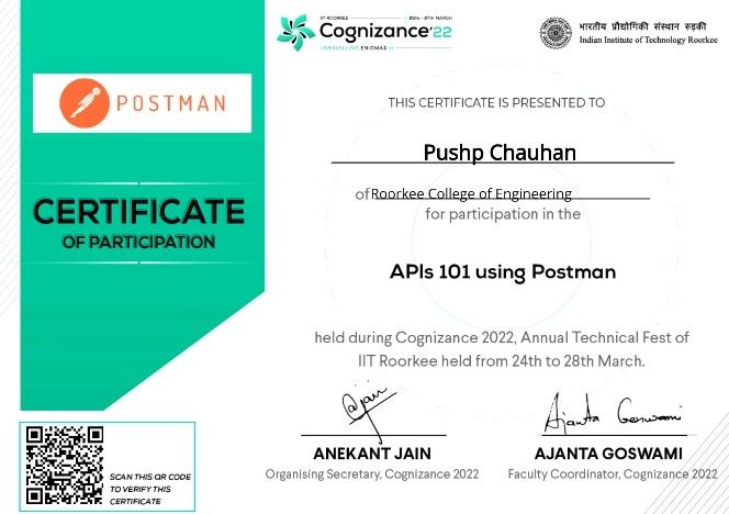 Pushp Chauhan on LinkedIn: Workshop Certificate of APIs 101 using Postman Pushp Chauhan on LinkedIn: Workshop Certificate of APIs 101 using Postman