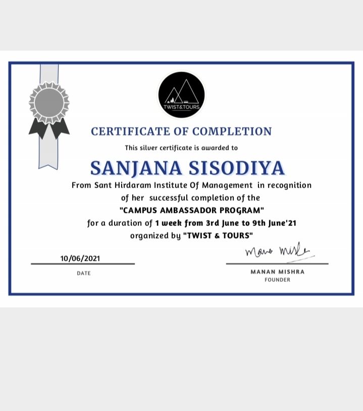 sanjana Sisodiya on LinkedIn: twist & tours certificate sanjana Sisodiya on LinkedIn: twist & tours certificate