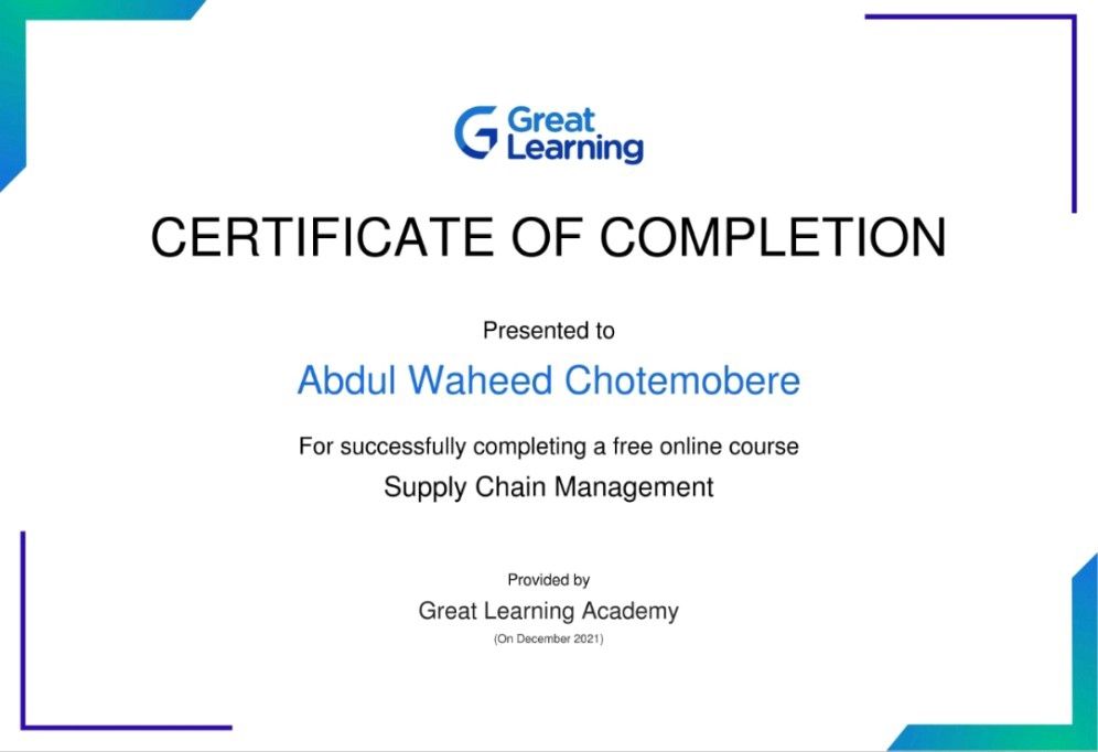 Abdul Waheed Chotemobere on LinkedIn: Completed Supply Chain Management Abdul Waheed Chotemobere on LinkedIn: Completed Supply Chain Management