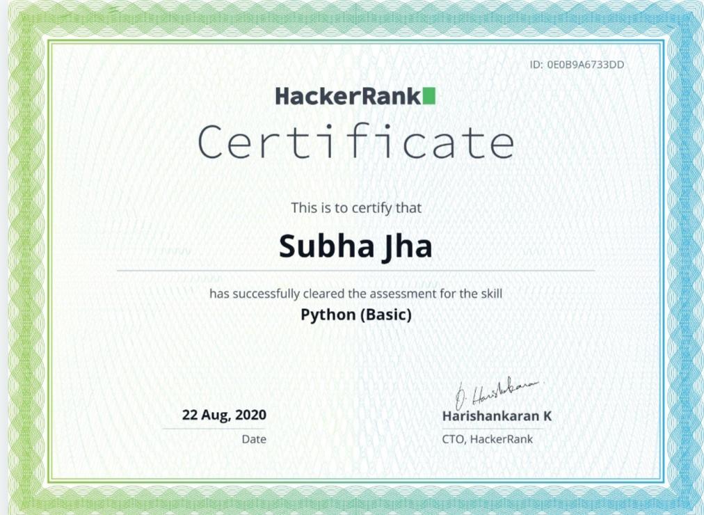 Subha Jha on LinkedIn: #hackerrank #python #certification Subha Jha on LinkedIn: #hackerrank #python #certification
