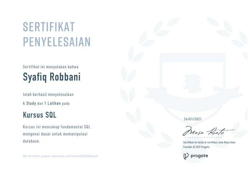 Syafiq Robbani on LinkedIn: My Sql Certificate from Progate Syafiq Robbani on LinkedIn: My Sql Certificate from Progate