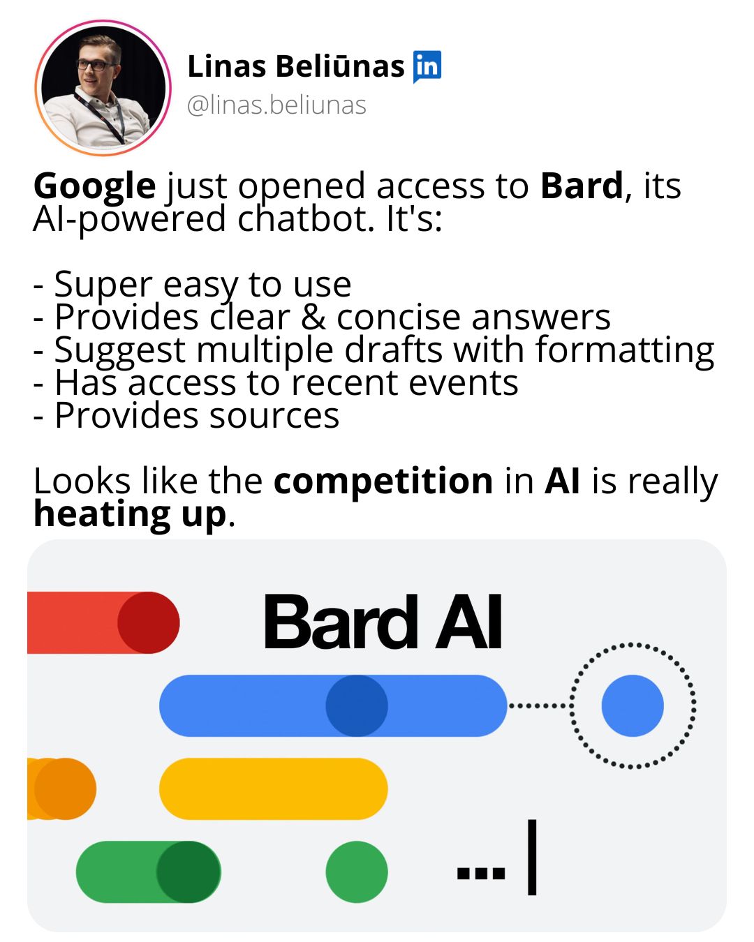 Linas Beliūnas on LinkedIn: Google is finally releasing Bard, its AI ... Linas Beliūnas on LinkedIn: Google is finally releasing Bard, its AI ...