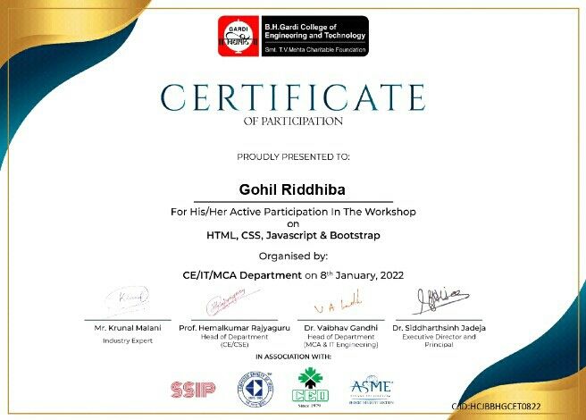 Riddhiba Gohil on LinkedIn: #certificate #html #css #javascript #bootstrap Riddhiba Gohil on LinkedIn: #certificate #html #css #javascript #bootstrap