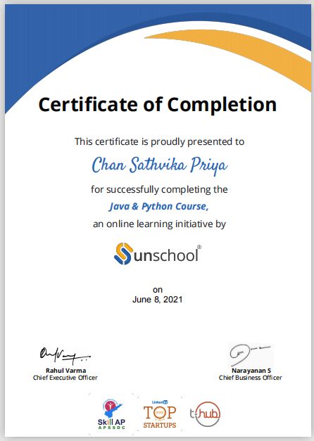 Sathvika Priya Chan on LinkedIn: Java & Python course completion ... Sathvika Priya Chan on LinkedIn: Java & Python course completion ...