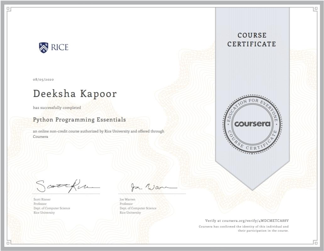 Deeksha Kapoor on LinkedIn: Successfully completed course in Python ... Deeksha Kapoor on LinkedIn: Successfully completed course in Python ...