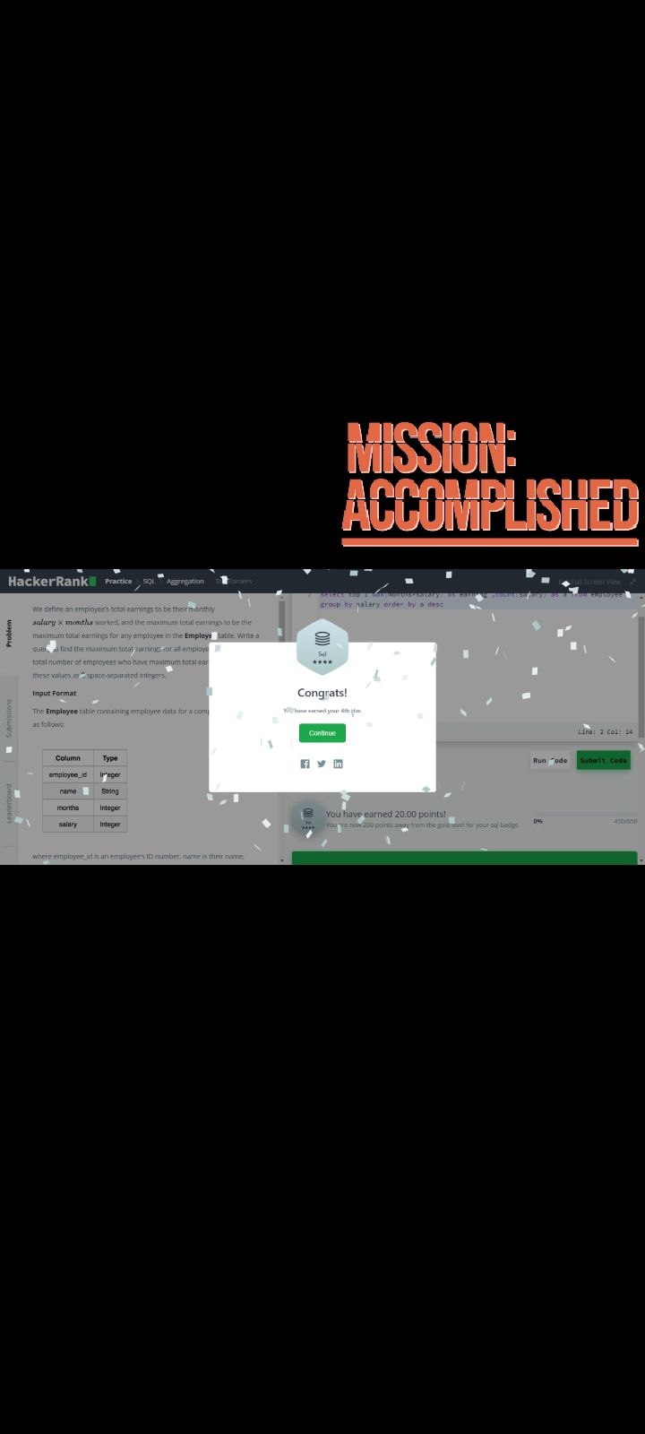 Just earned 4 ⭐ in SQL on HackerRank | Mohit Sharma Just earned 4 ⭐ in SQL on HackerRank | Mohit Sharma