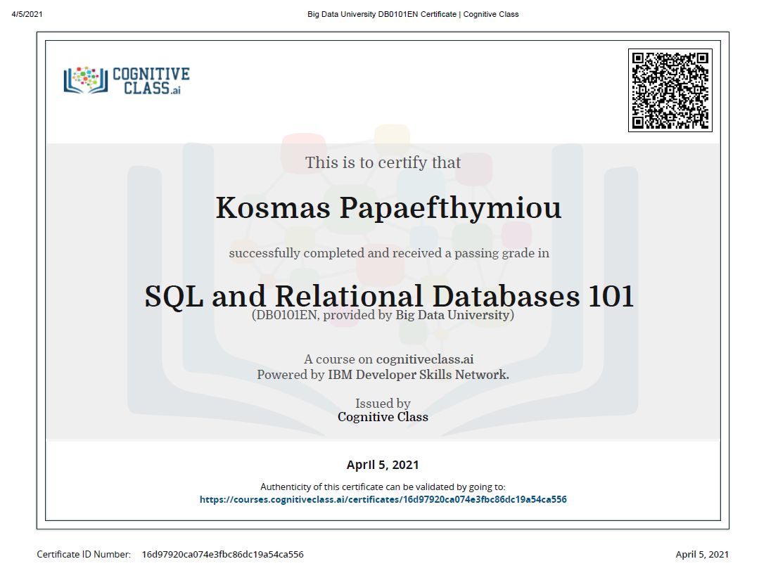 Kosmas Papaefthymiou on LinkedIn: #sql #ibm #cognitiveclass Kosmas Papaefthymiou on LinkedIn: #sql #ibm #cognitiveclass