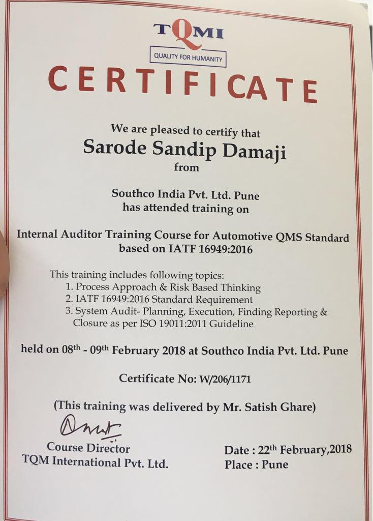 Sandip Sarode on LinkedIn: Became an Internal Auditor for IATF 16949 Sandip Sarode on LinkedIn: Became an Internal Auditor for IATF 16949