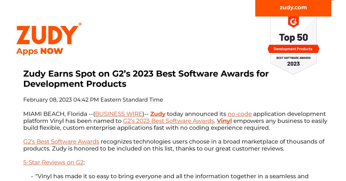 Zudy on LinkedIn: Zudy Earns Spot on G2’s 2023 Best Software Awards for ... Zudy on LinkedIn: Zudy Earns Spot on G2’s 2023 Best Software Awards for ...