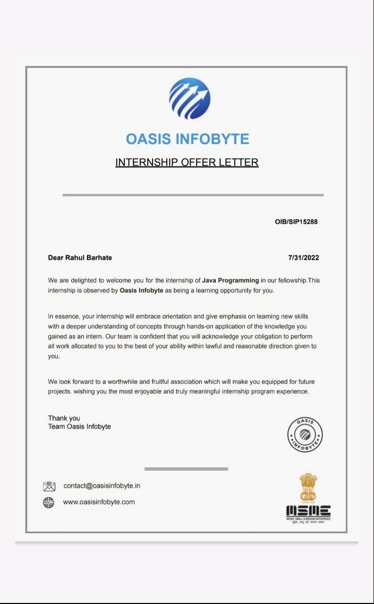 Rahul Barhate on LinkedIn: #oasisinfobyte #javaprogramming #internship ... Rahul Barhate on LinkedIn: #oasisinfobyte #javaprogramming #internship ...