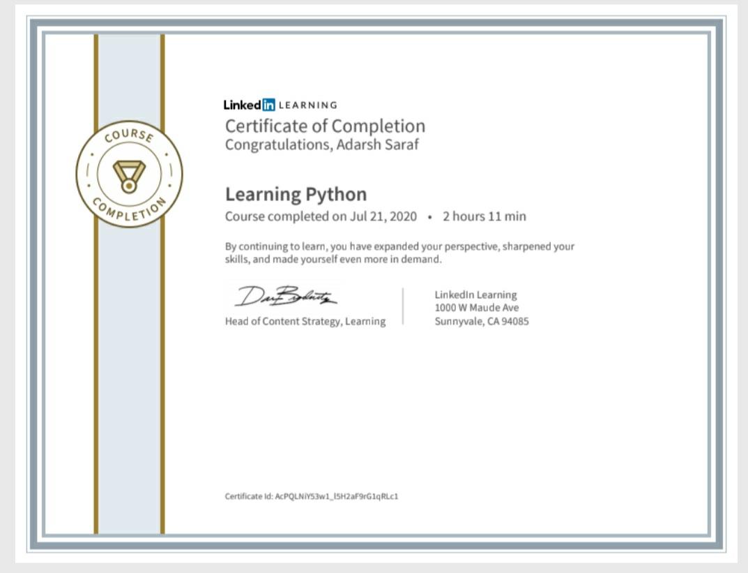 Adarsh Saraf on LinkedIn: #linkedinlearning #python3 Adarsh Saraf on LinkedIn: #linkedinlearning #python3