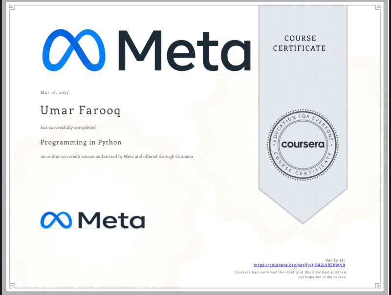 Umar Farooq on LinkedIn: I am glad to share my python certificate. All ... Umar Farooq on LinkedIn: I am glad to share my python certificate. All ...