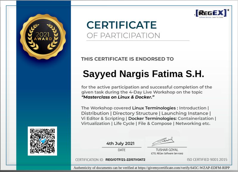 Sayyed Nargis Fatima on LinkedIn: #materclass #linux #docker #regex # ... Sayyed Nargis Fatima on LinkedIn: #materclass #linux #docker #regex # ...