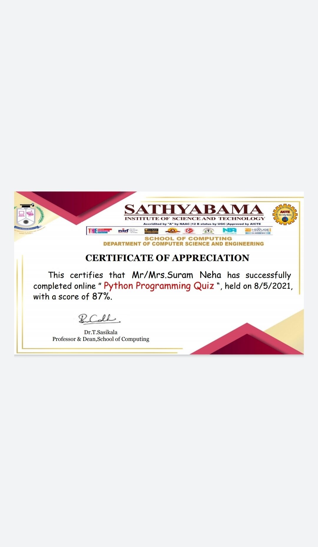 Neha Reddy on LinkedIn: #sathyabamauniversity #python #quiz Neha Reddy on LinkedIn: #sathyabamauniversity #python #quiz