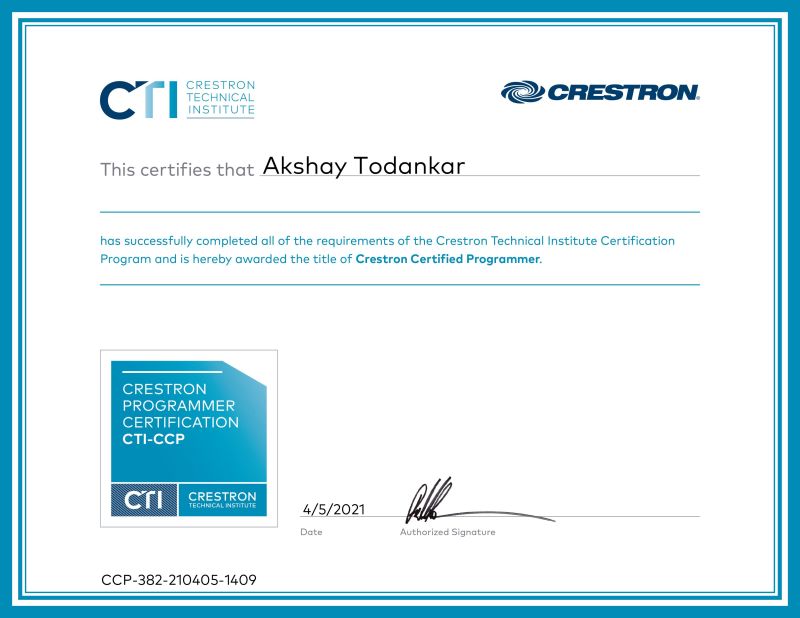 Akshay Todankar on LinkedIn: #crestron #certification #programmer | 56 ... Akshay Todankar on LinkedIn: #crestron #certification #programmer | 56 ...