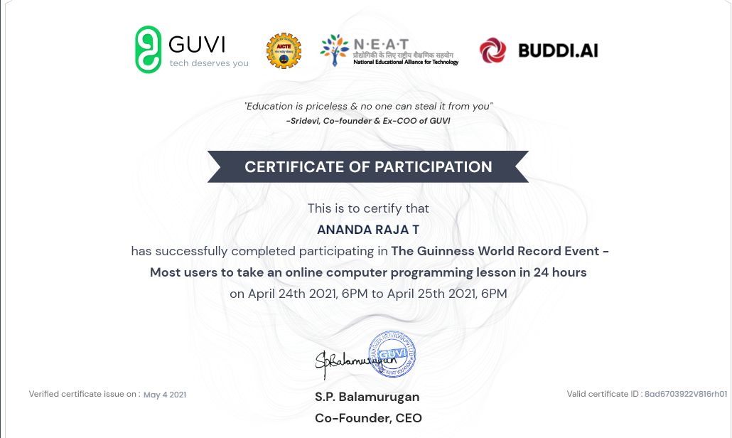 ANANDA RAJA T on LinkedIn: my face recognition using python certificate... ANANDA RAJA T on LinkedIn: my face recognition using python certificate...