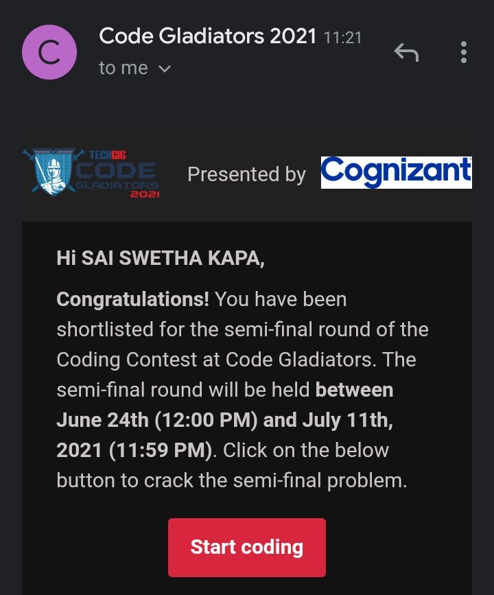 SAI SWETHA KAPA on LinkedIn: #codegladiators2021 SAI SWETHA KAPA on LinkedIn: #codegladiators2021