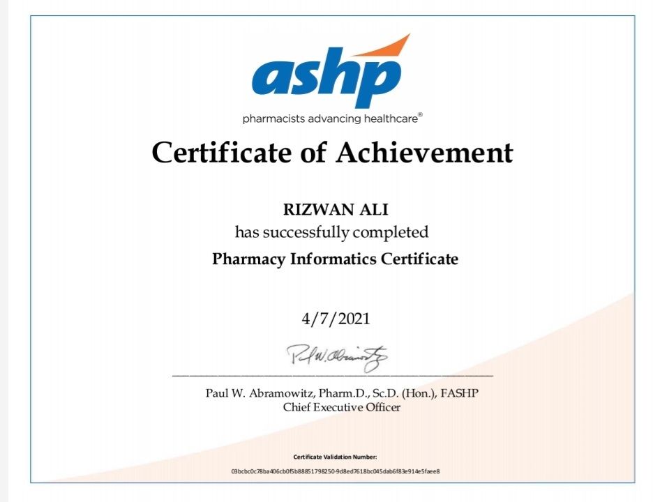 Rizwan Ali, Pharm.D, CPHIMS on LinkedIn: ALHAMDOLILLAH completed the ... Rizwan Ali, Pharm.D, CPHIMS on LinkedIn: ALHAMDOLILLAH completed the ...