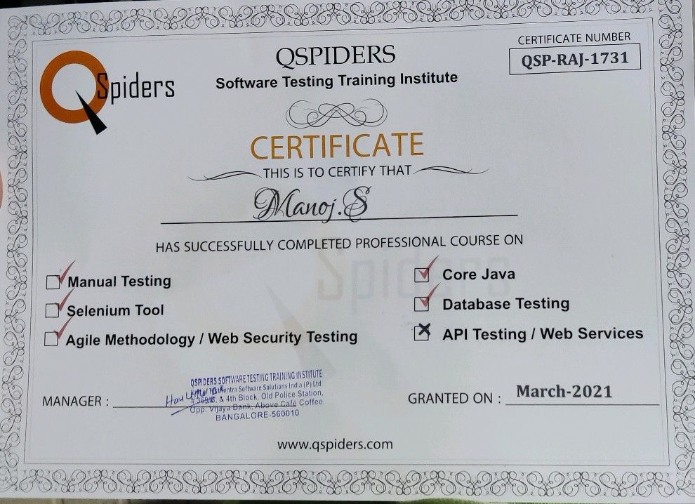 Manoj Shekhar on LinkedIn: #certificate #qspiders #manualtesting # ... Manoj Shekhar on LinkedIn: #certificate #qspiders #manualtesting # ...