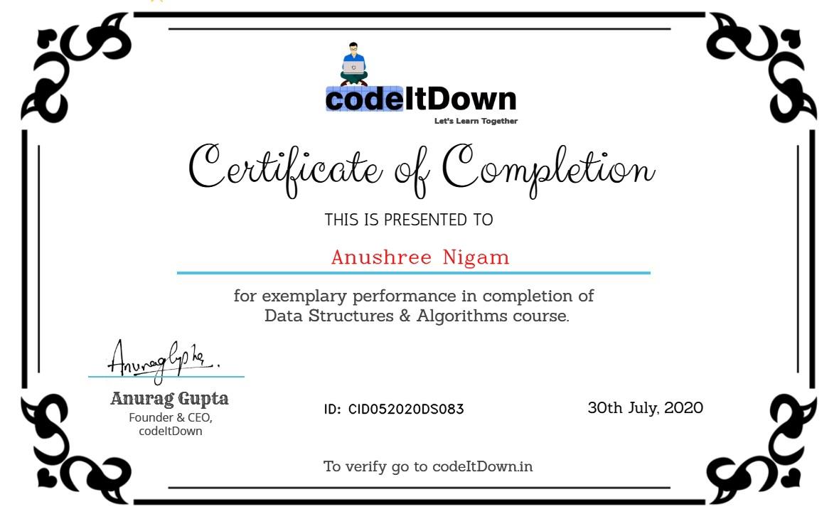 Anushree Nigam on LinkedIn: #datastructures #algorithms #course #completed Anushree Nigam on LinkedIn: #datastructures #algorithms #course #completed