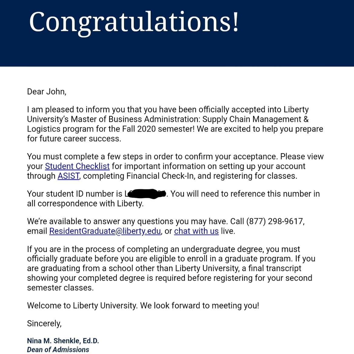 I got accepted into Liberty University's MBA program in supply chain ... I got accepted into Liberty University's MBA program in supply chain ...
