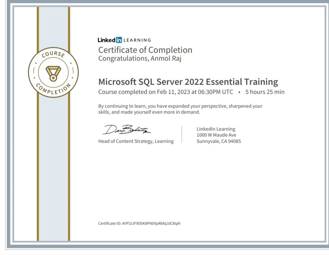 Anmol Raj on LinkedIn: Completed Microsoft SQL server 2022 Anmol Raj on LinkedIn: Completed Microsoft SQL server 2022