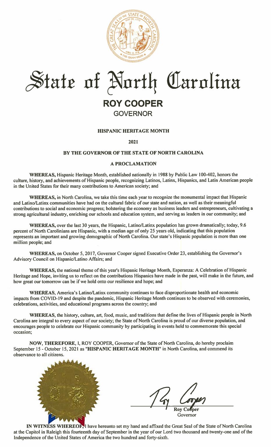 State of North Carolina on LinkedIn: Governor Roy Cooper proclaims ... State of North Carolina on LinkedIn: Governor Roy Cooper proclaims ...