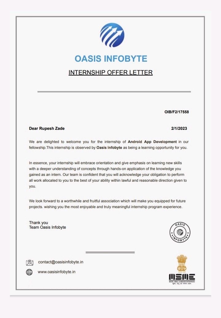 Rupesh Zade on LinkedIn: #oasisinfobyte #internship #androidappdevelopment Rupesh Zade on LinkedIn: #oasisinfobyte #internship #androidappdevelopment