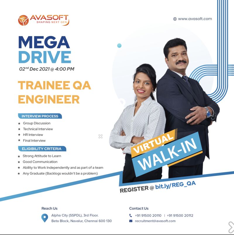AVASOFT on LinkedIn: #megadrive #walkin #qa #traineeqa #qaengineer # ... AVASOFT on LinkedIn: #megadrive #walkin #qa #traineeqa #qaengineer # ...
