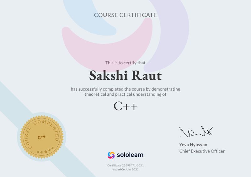 Sakshi Raut on LinkedIn: successfully completed first c++ certificate... Sakshi Raut on LinkedIn: successfully completed first c++ certificate...