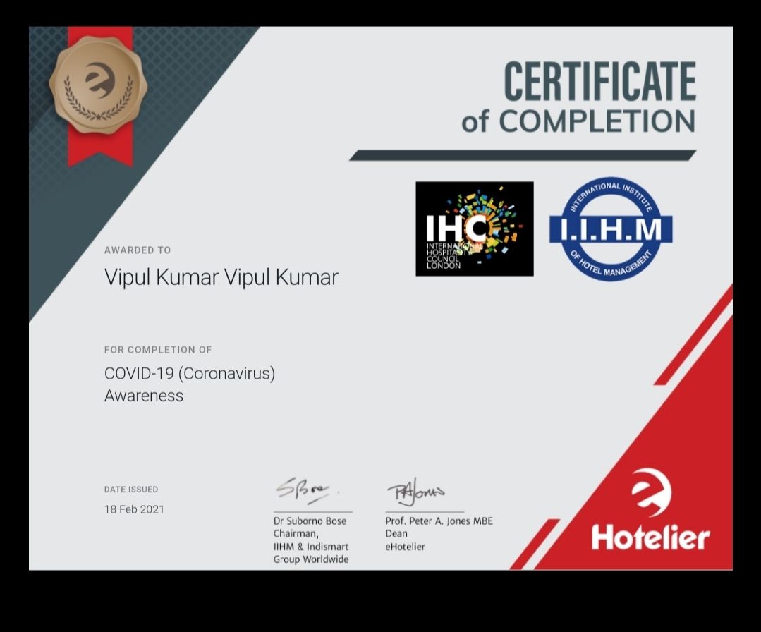 Vipul Kumar on LinkedIn: Certificate of Completion of Covid-19 Awareness. Vipul Kumar on LinkedIn: Certificate of Completion of Covid-19 Awareness.