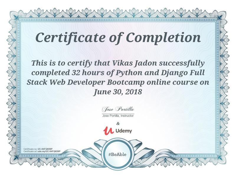 Vikas Jadon on LinkedIn: Completed the course Python Django full stack ... Vikas Jadon on LinkedIn: Completed the course Python Django full stack ...